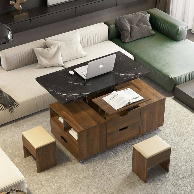 Dining Tables Modern Lift-Up Coffee Table with 2 Stools Set for Living ...