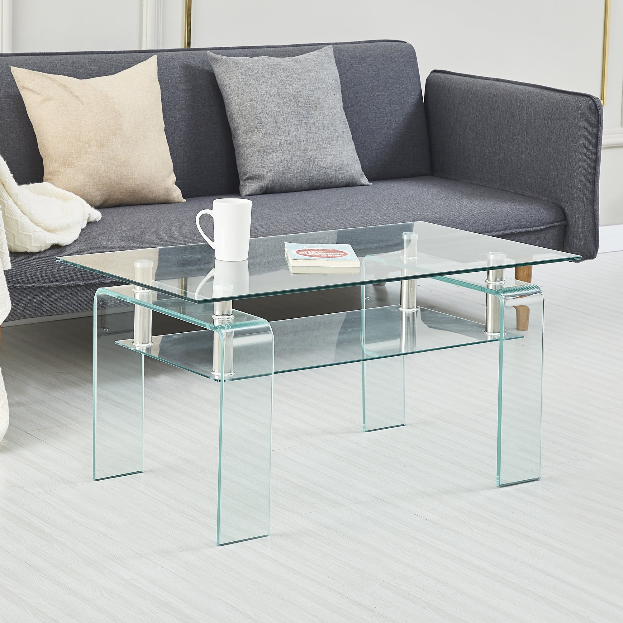 Dining Tables Rectangle Clear Glass Coffee Table, Modern Glass Coffee ...