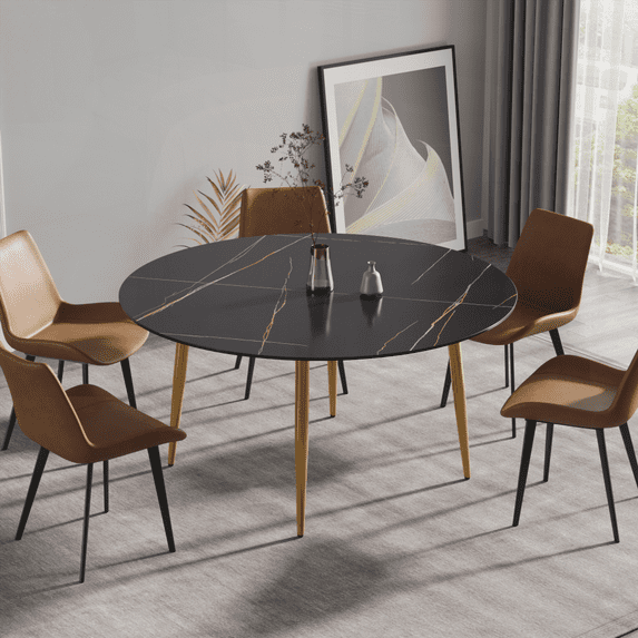 59.05" Modern Man-Made Stone Round Golden Metal Dining Table for 6 ...