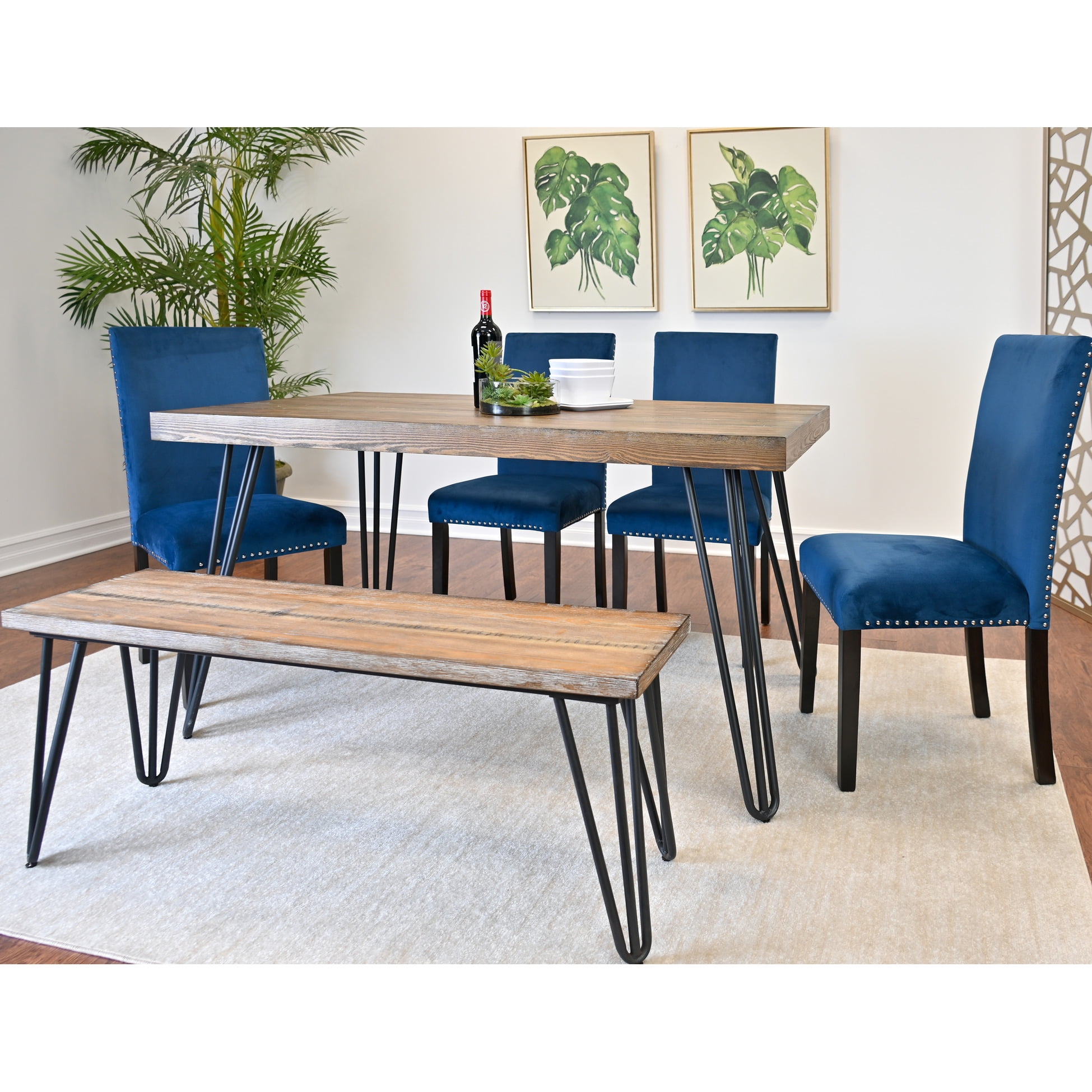 Dining With Engineered Wood: Table, 4 Chairs, Bench, Rustic Look ...