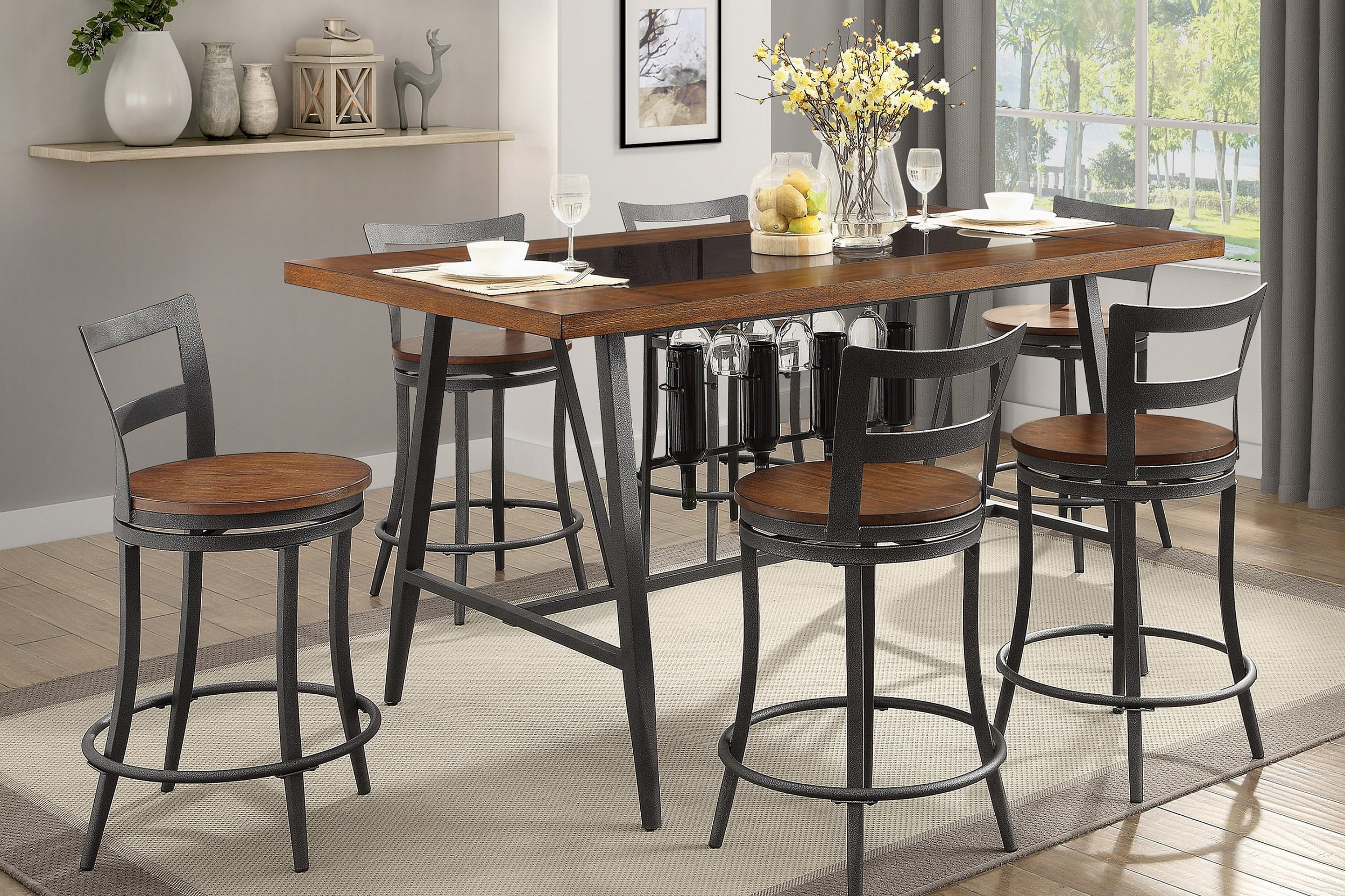 Dining room 7pc Set Metal Framing Counter Height Table w Wine Storage ...