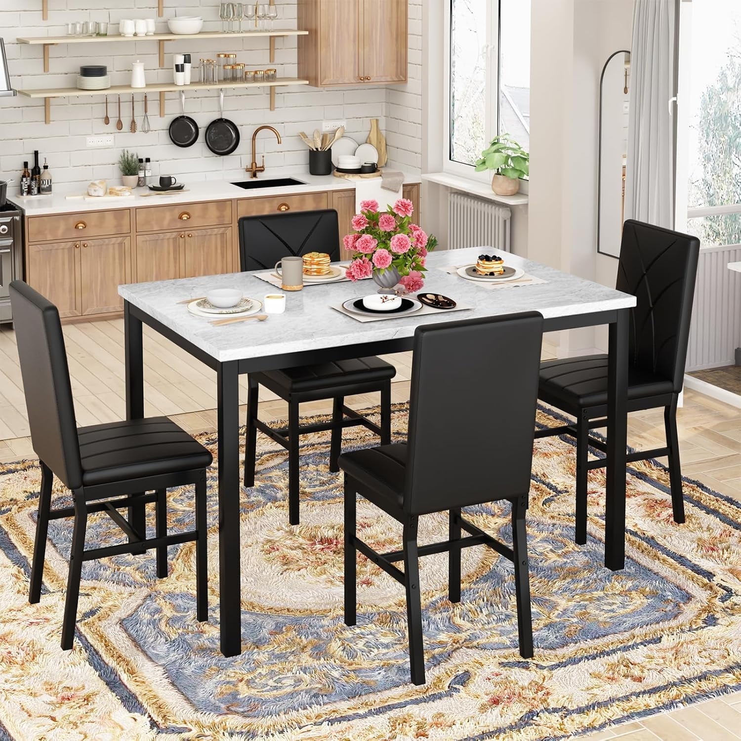 Dining table set for 4, marble kitchen table set with 4 diamond-shaped ...