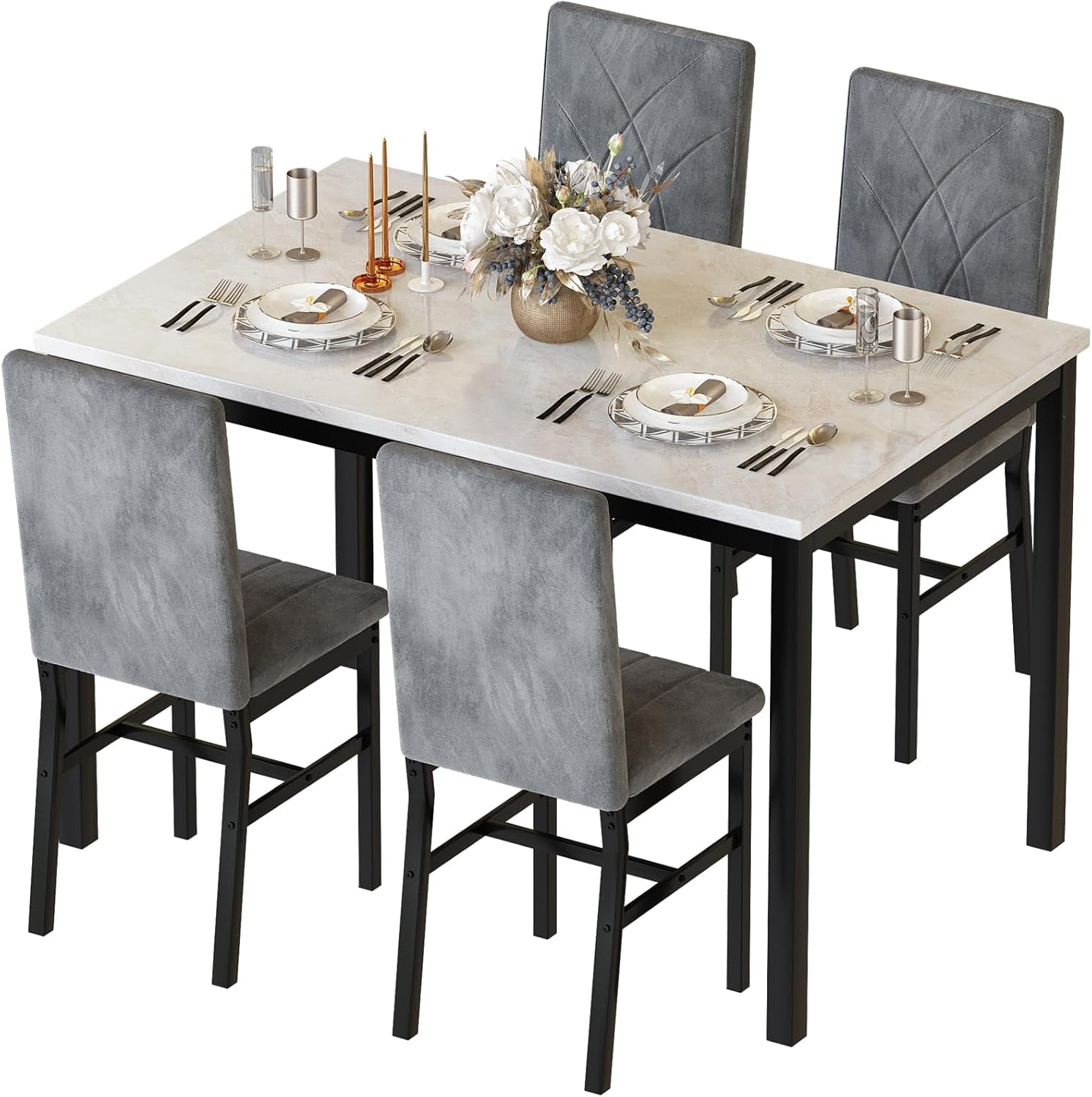 Dining table set for 4, marble kitchen table set with 4 diamond-shaped ...