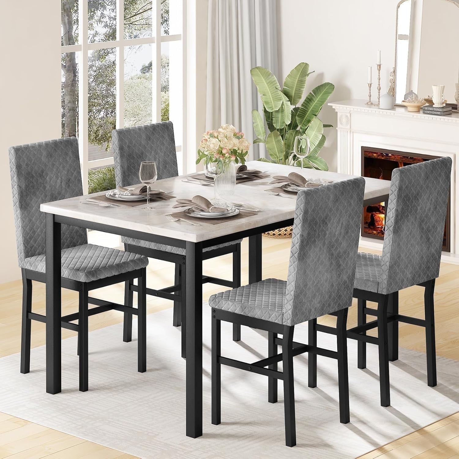 Dining table set for 4, marble kitchen table set with 4 diamond-shaped ...