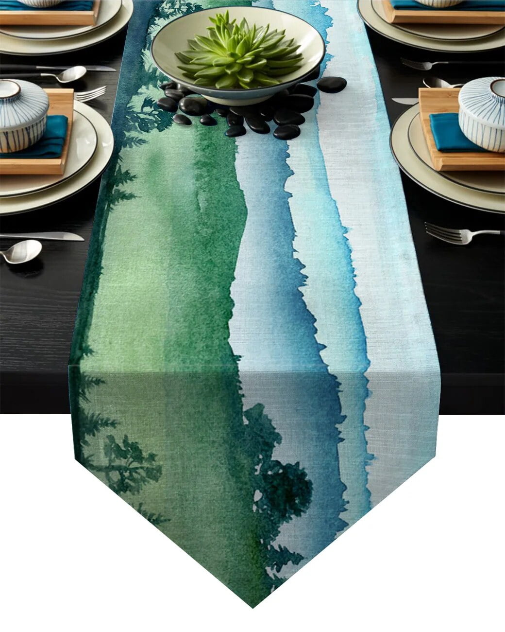 Dining tablecloth Green Woodland Landscape Watercolor Table Runner ...