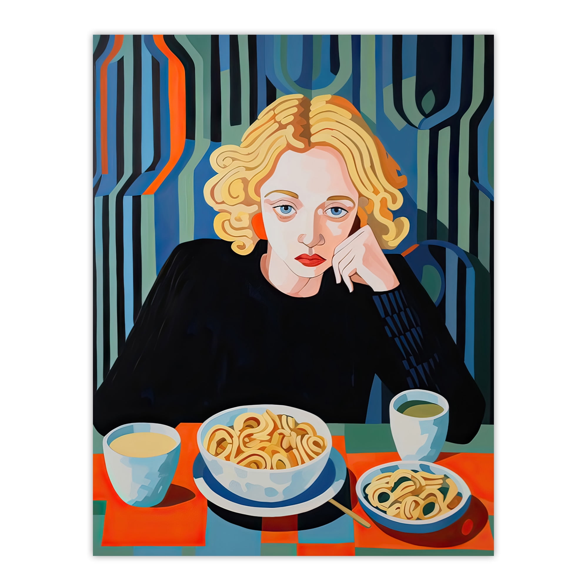 Dinner For One Colourful Oil Painting Portrait of Woman Eating Noodles ...