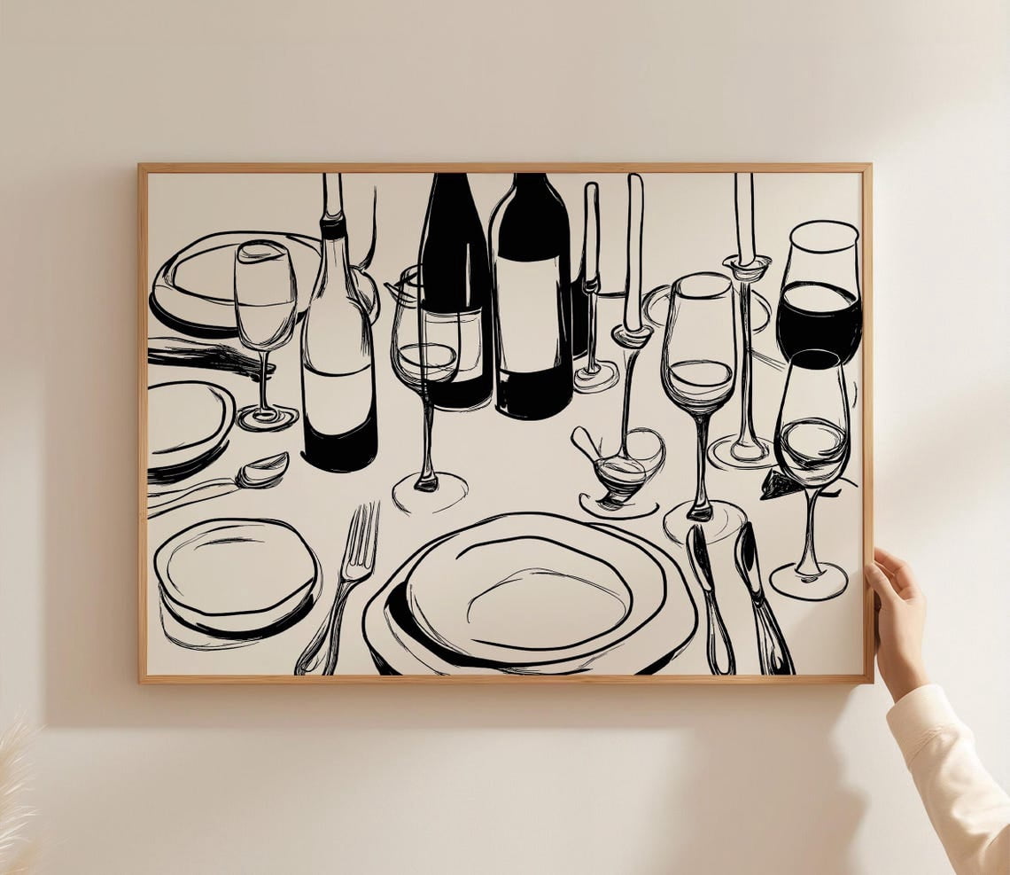 Dinner Party Food Vintage Kitchen Wall Art Wine Bottles Illustration ...