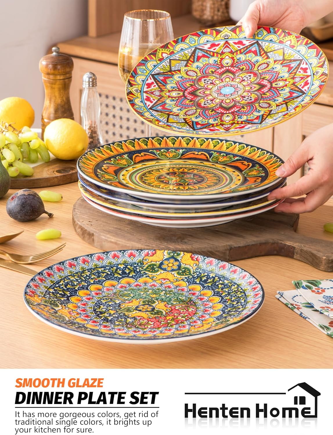 Dinner Plates Set of 6, 10.5 Inch Porcelain Plate, Colorful Bohemian ...
