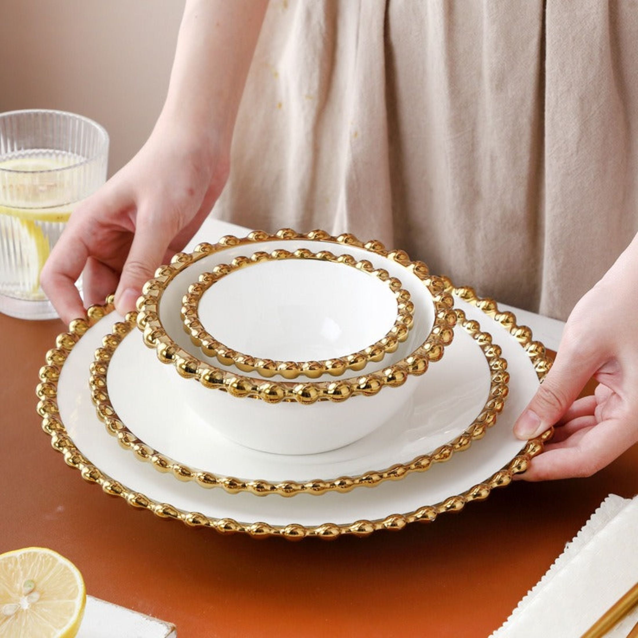 Dinner Plates Set, Modern Gold Accented 16 Piece Plate Set, Elegant ...