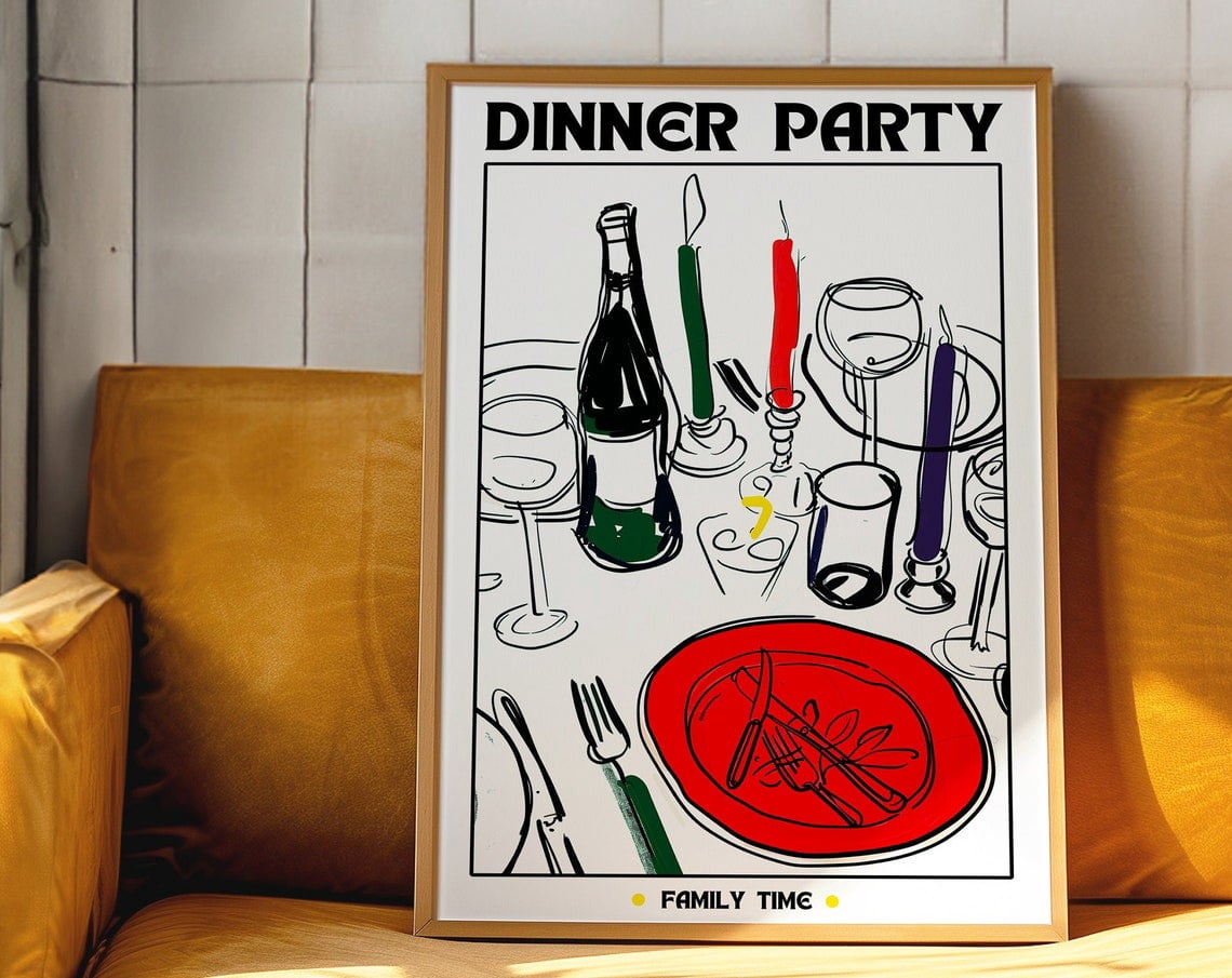 Dinner Poster, 70S Wall Print, Red Wall Art, Kitchen Poster, Summer ...