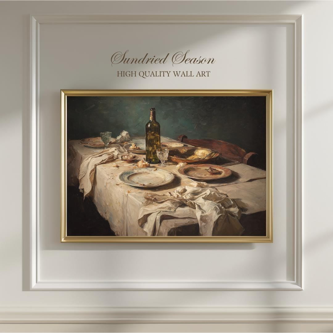 After Dinner Table Art Print, Rustic Still Life With Wine And Crumbs, European Dining Scene Wall ...