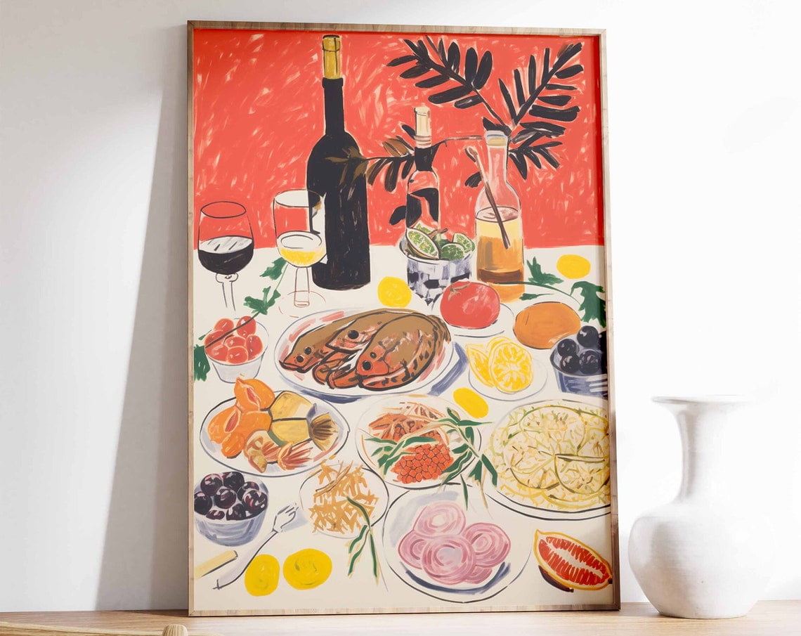 Dinner Table Food Print, Retro Food Art, Vintage Kitchen Decor, Food ...