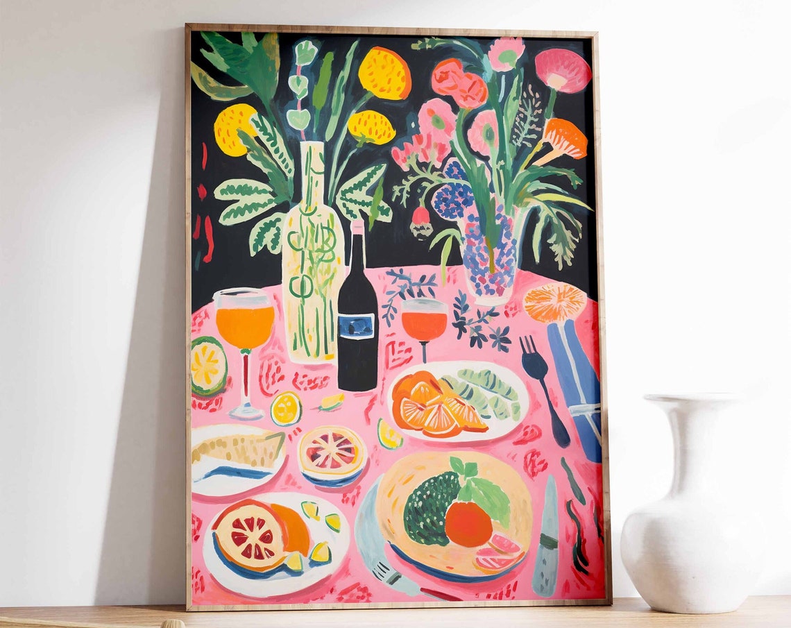 Dinner Table Food Print, Retro Food Art, Vintage Kitchen Poster ...