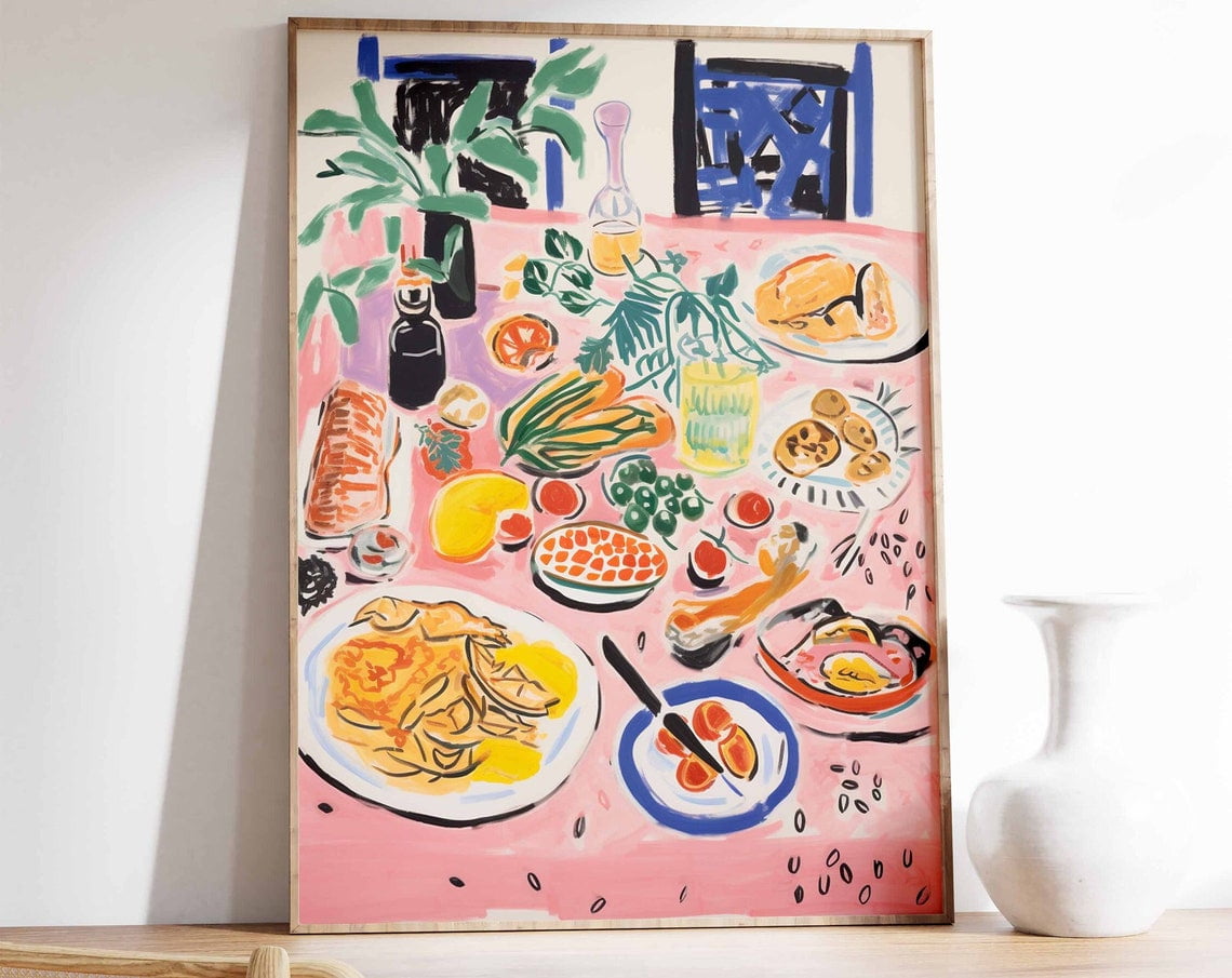 Dinner Table Food Print, Retro Food Art, Vintage Kitchen Poster ...