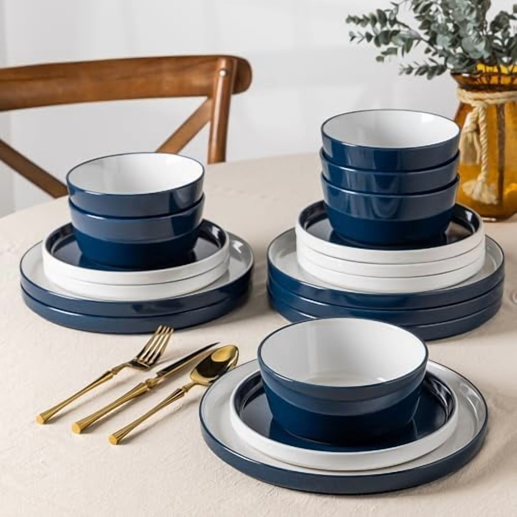Dinnerware Set - 12 Piece Ceramic Plates and Bowls, Stoneware Plates ...