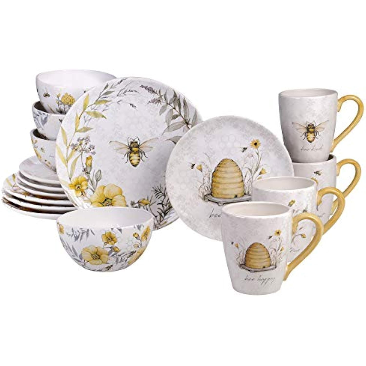 Dinnerware Set 16-Piece Service for 4, Farmhouse Bee & Floral Design ...