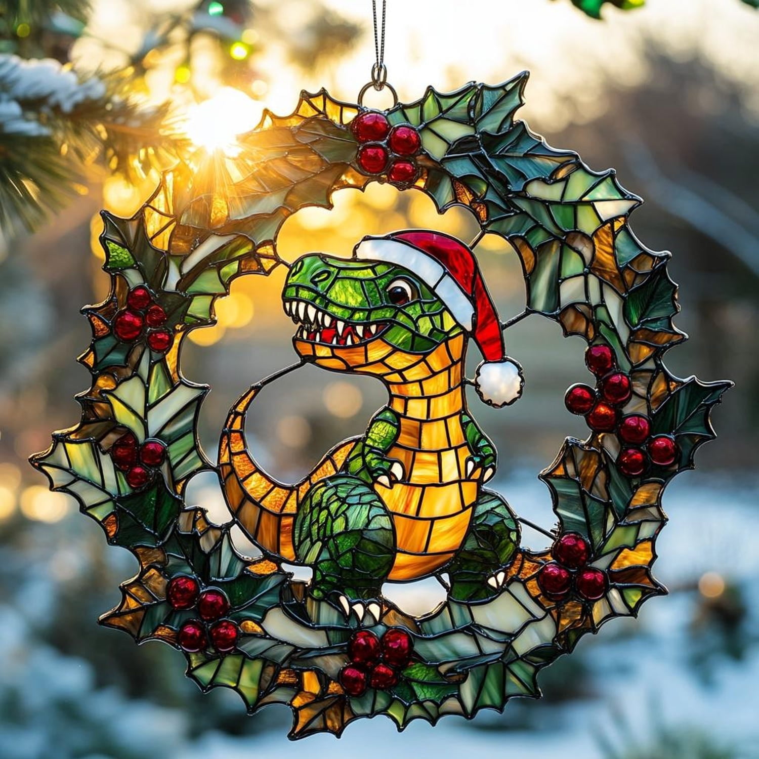 Dino Christmas Suncatcher With Lights Faux Stained Glass T-Rex Holiday ...
