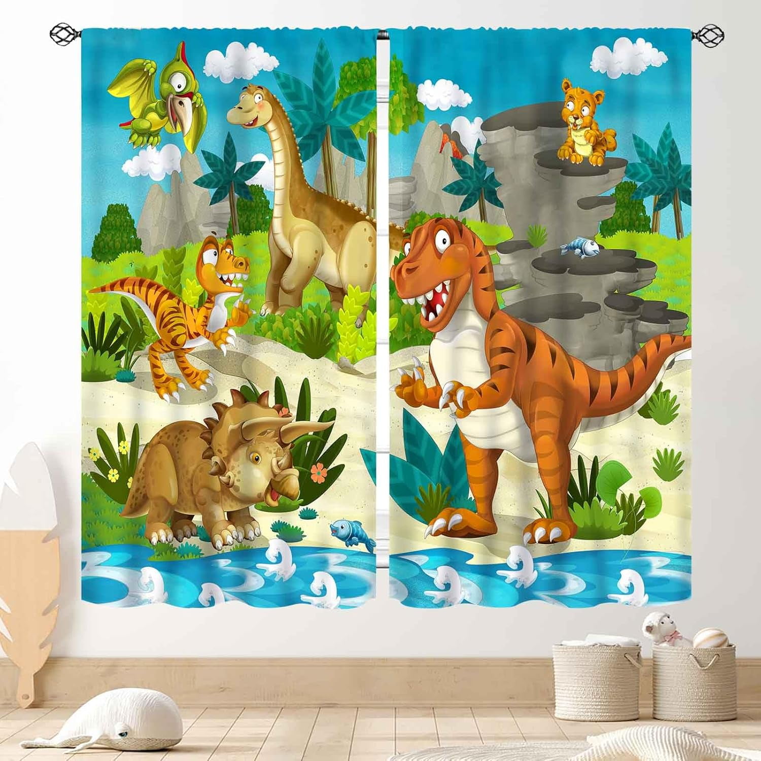 Dino Curtains for Boys Room, Kids Boys Cartoon Dinosaur Funny Colorful ...