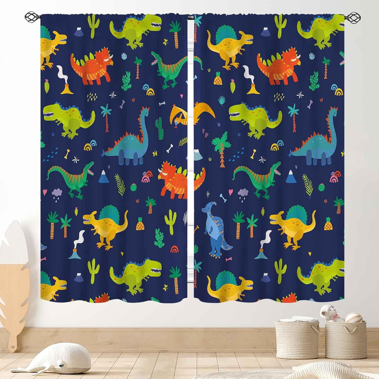 Dino Curtains for Boys Room, Kids Boys Cartoon Dinosaur Funny Colorful ...