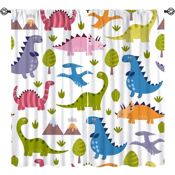 Dino Curtains, Cartoon Style Colorful Dinosaurs Pattern Window ...