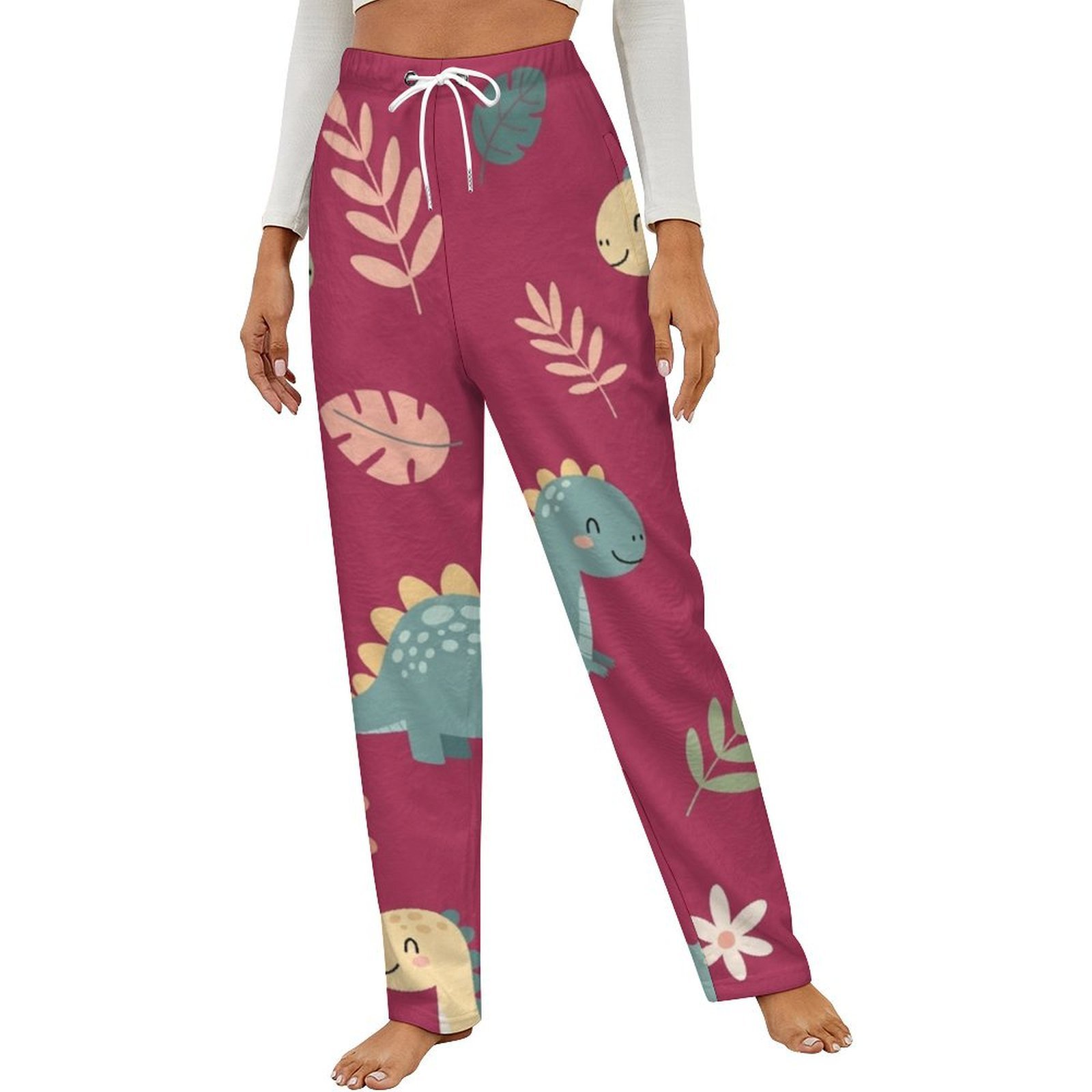 Dino Eggs Leaves Pattern Winter Female Pants Flannel High Waist Women ...