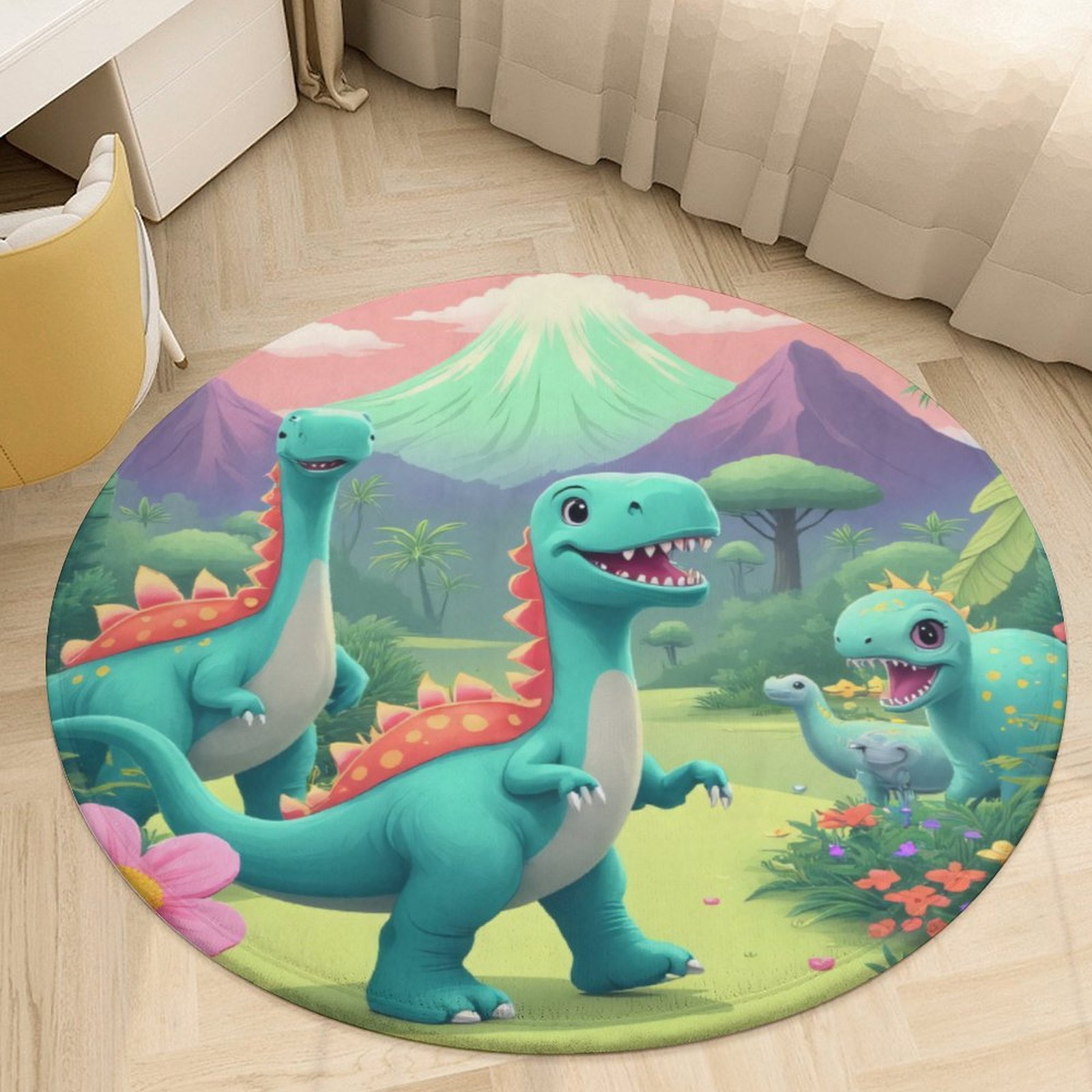Dino Family Adventure Round Area Rugs for Bedroom Living Room, 4FT Soft ...