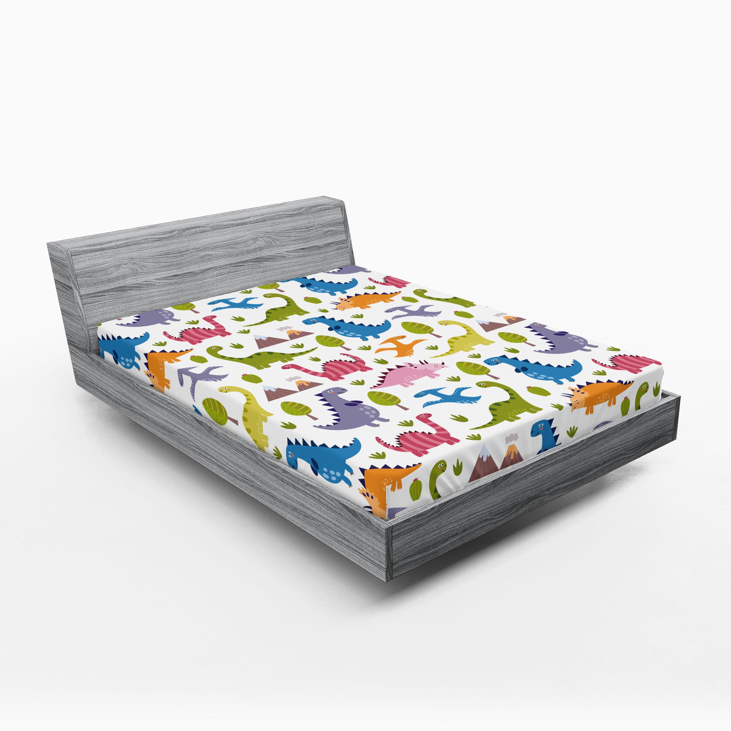 Dino Fitted Sheet, Cartoon Style Colorful Dinosaurs T-Rex Triceratops ...