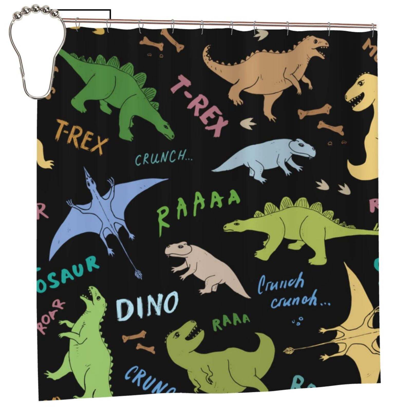 Dino Pattern Cute Cartoon Shower Curtain with 12 Iron Hooks Washable ...
