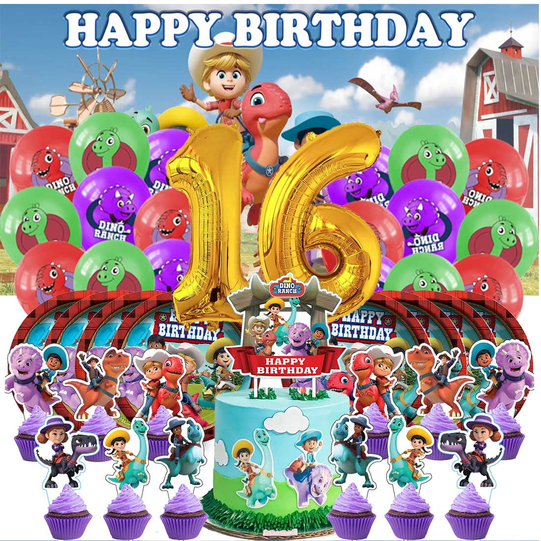 Dino Ranch Balloons Party Supplies 16th Decor Tableware Birthday Cake ...