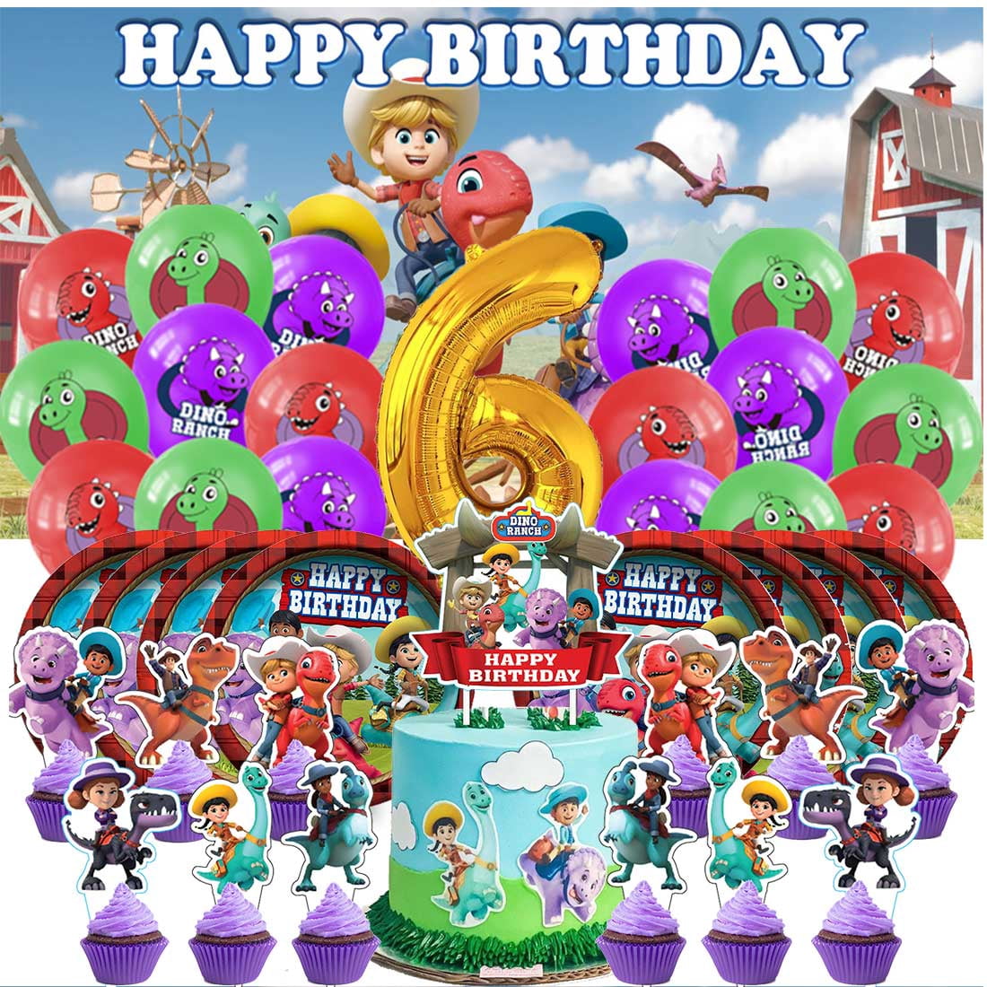 Dino Ranch Balloons Party Supplies 6th Decor Tableware Birthday Cake ...