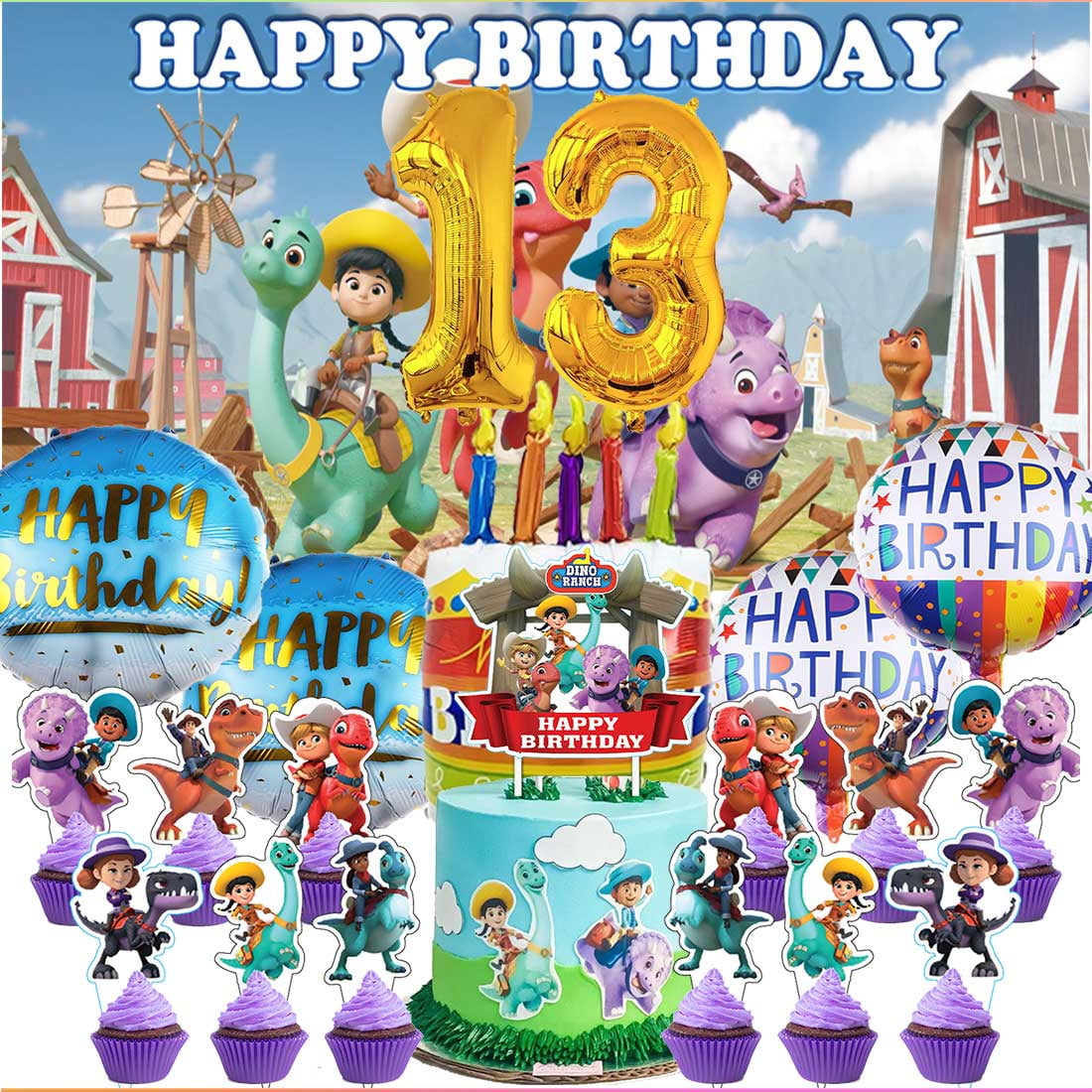 Dino Ranch Party Supplies Decor 13th Kit Balloons Birthday Cake Topper ...