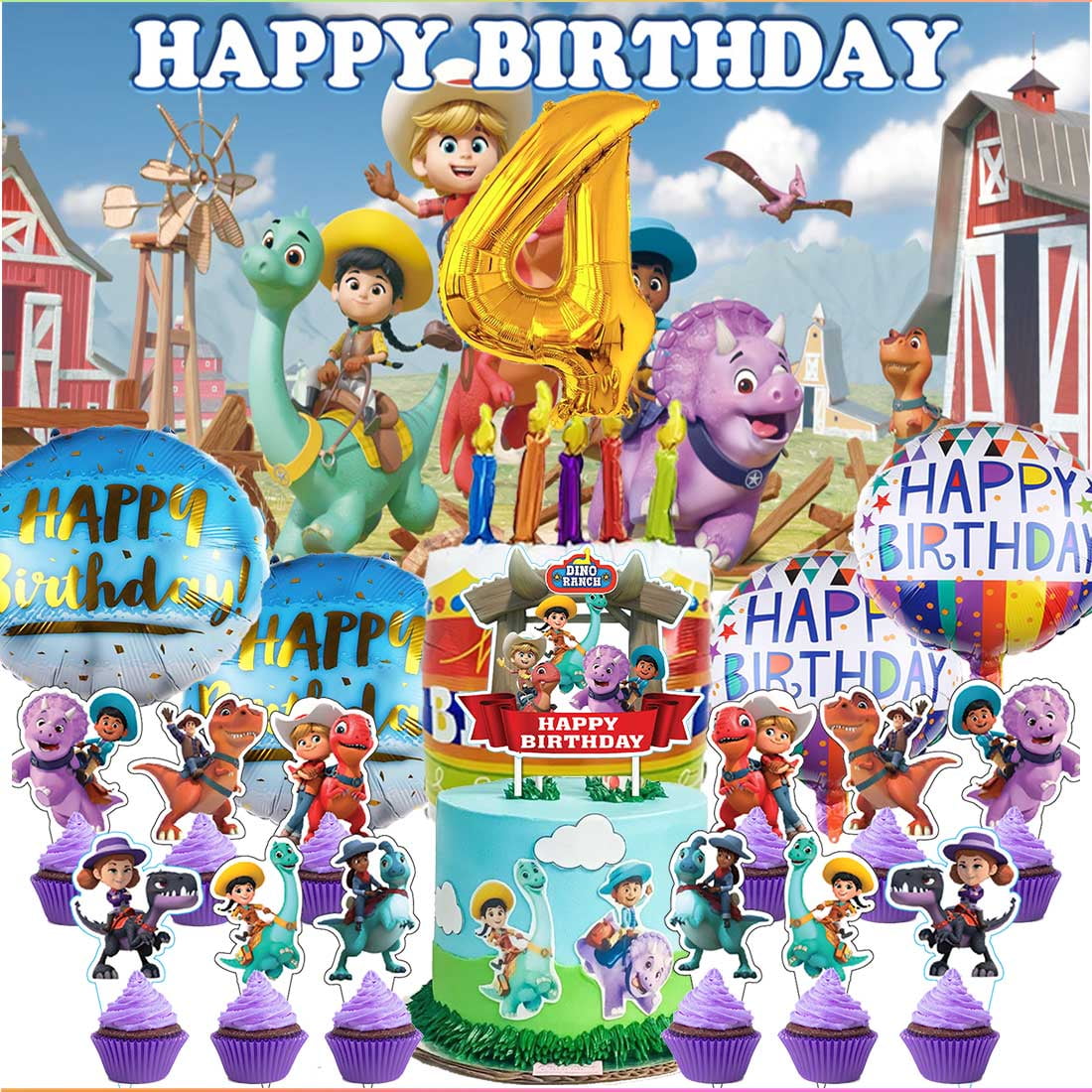 Dino Ranch Party Supplies Decor 4th Kit Balloons Birthday Cake Topper ...