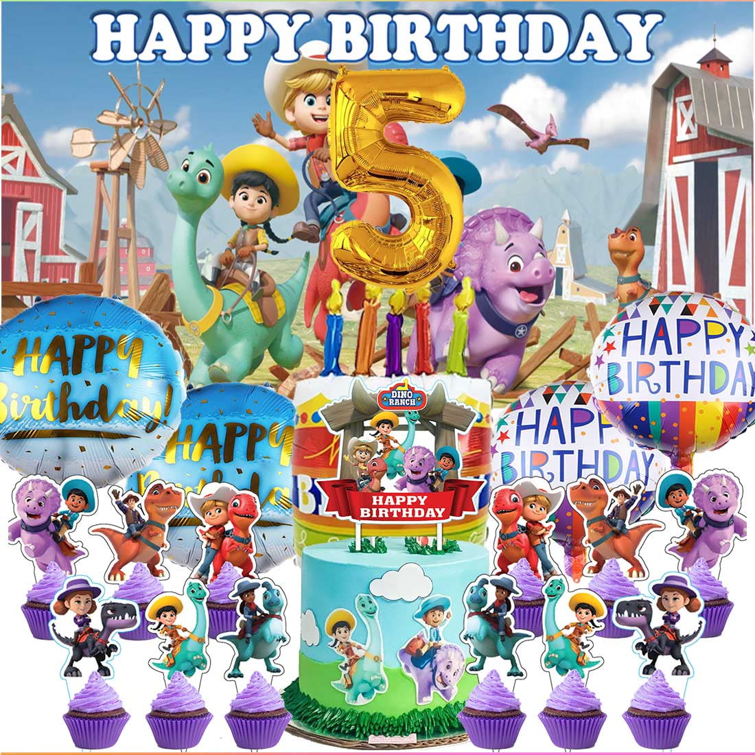 Dino Ranch Party Supplies Decor 5th Kit Balloons Birthday Cake Topper ...