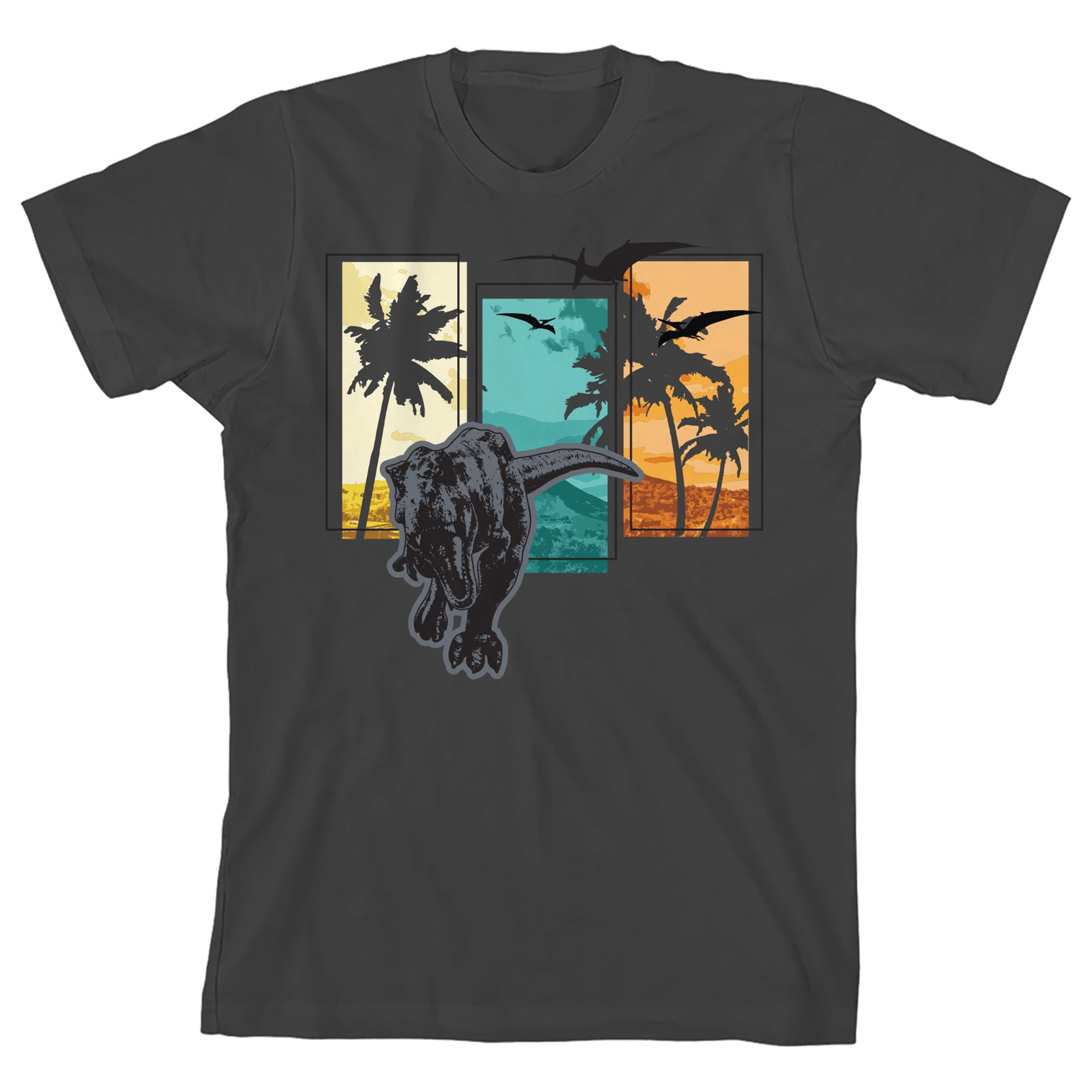 Dino T-Rex and Palm Trees Youth Charcoal Short Sleeve Crew Neck Tee ...