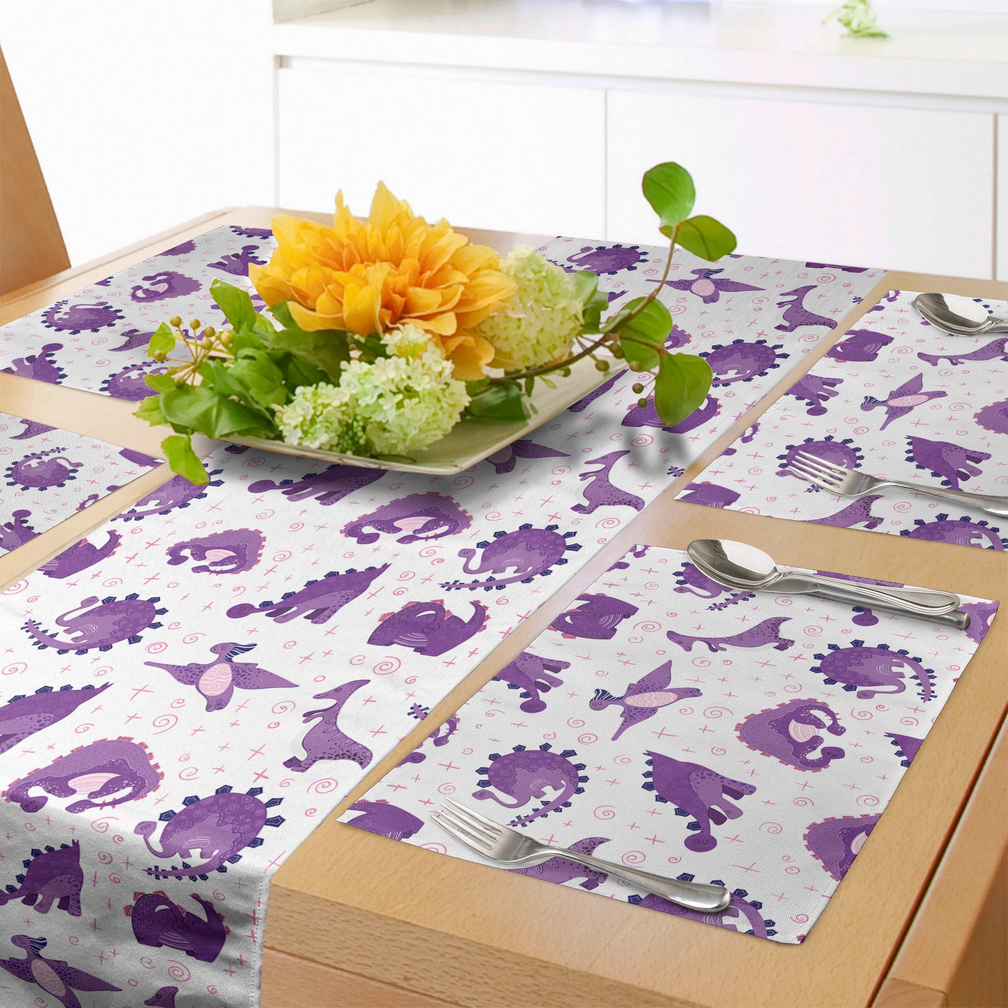 Dino Table Runner & Placemats, Cartoon Jurassic Animals Flying ...