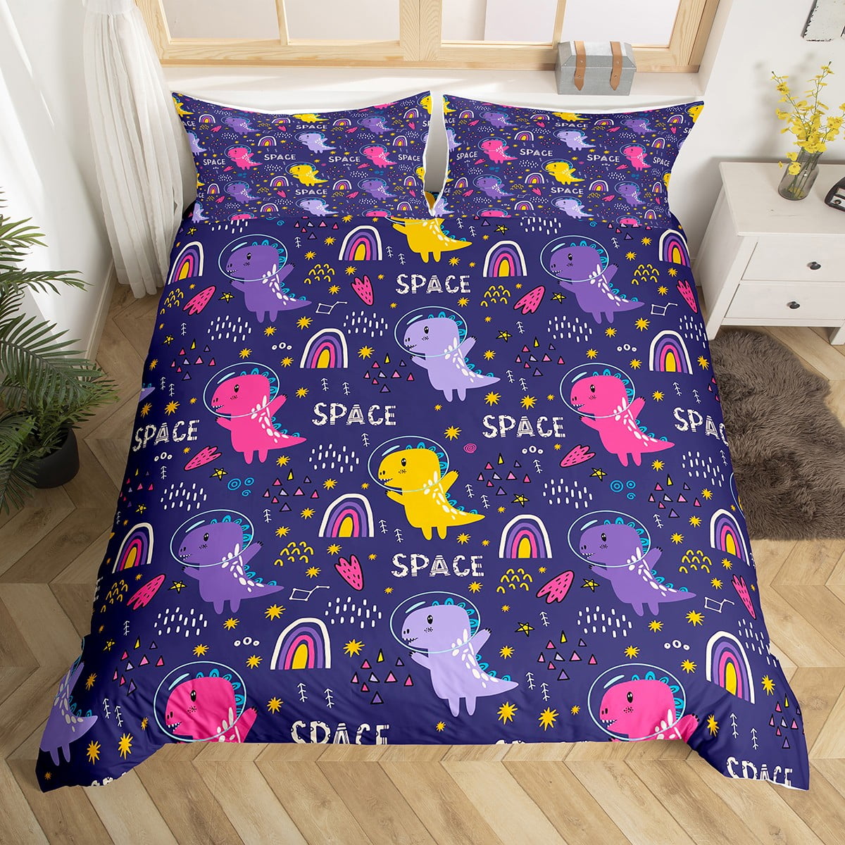 Dinos Bedding Set Kawaii Decor,Yellow Pink Purple Cute Dinosaurs Wild ...