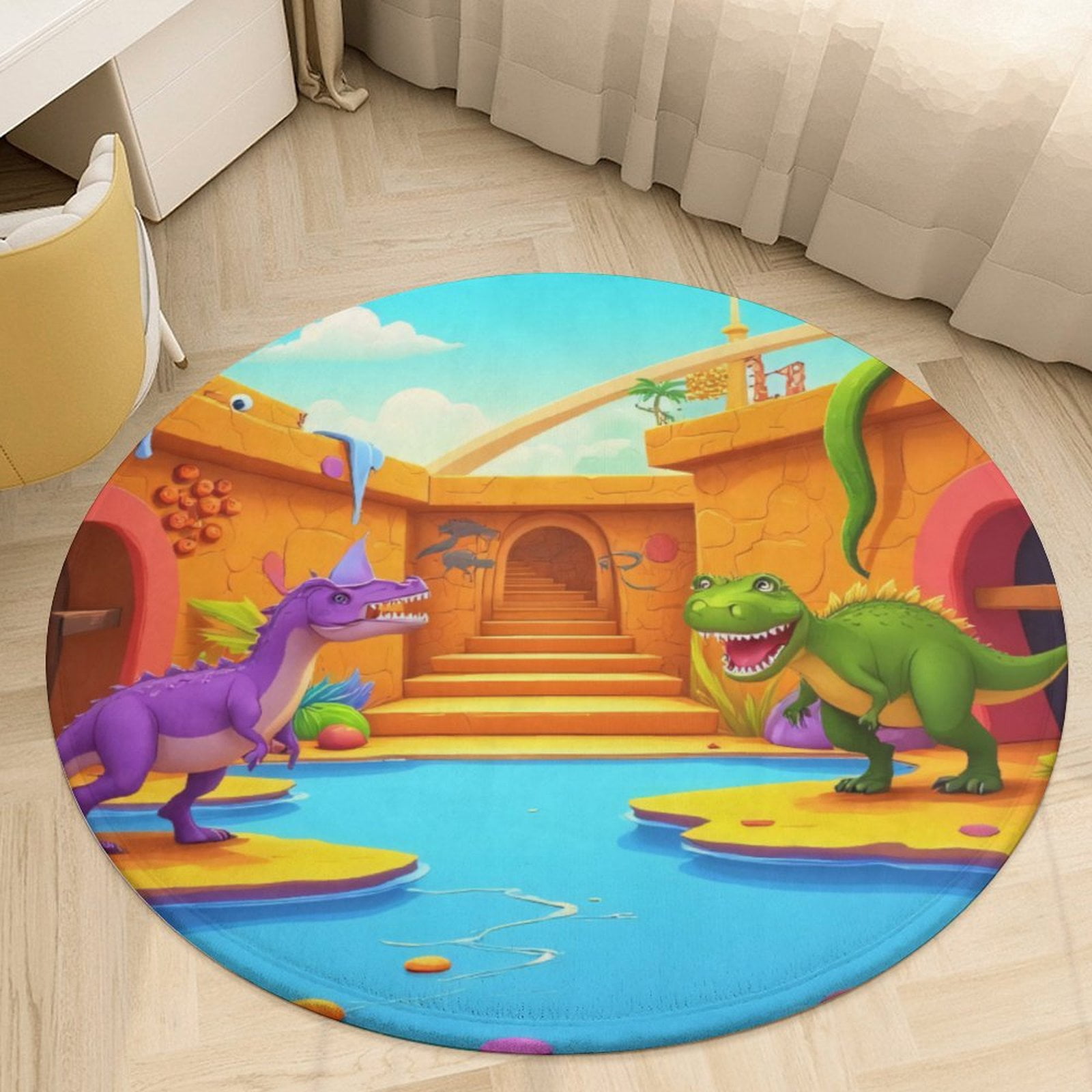 Dinos at Pool Party Round Area Rugs for Bedroom Living Room, 4FT Soft ...