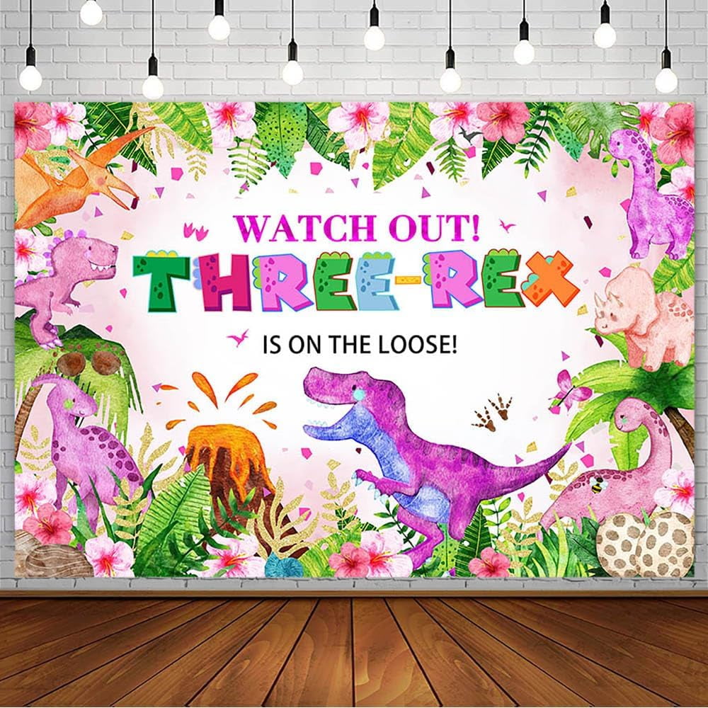 Dinosaur 3rd Birthday Backdrop for Girls Three-Rex on The Loose ...