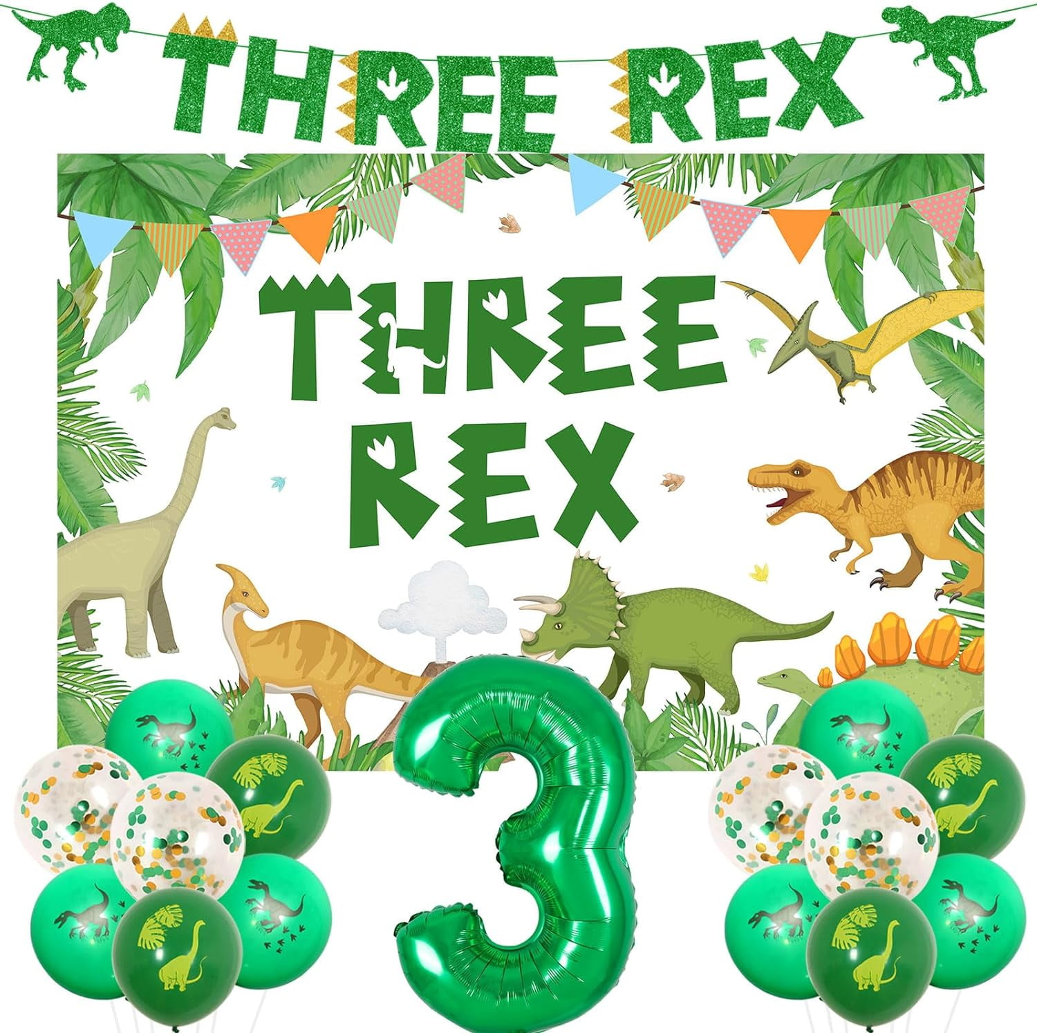 Dinosaur 3rd Birthday Decorations - Three Rex Birthday Backdrop and ...