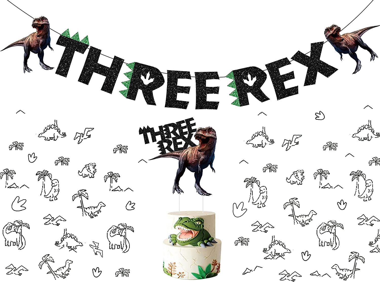 Three Rex Dinosaur Party Decor for Boys 3rd Birthday, Green Black ...