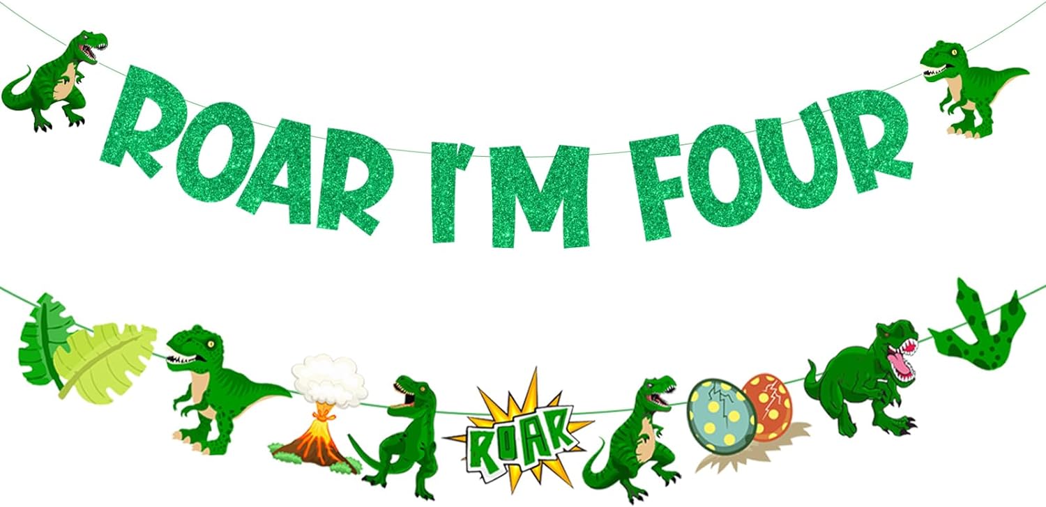 Dinosaur 4th Birthday Decorations Banner, Roar I’m 4 Dinosaur Party ...