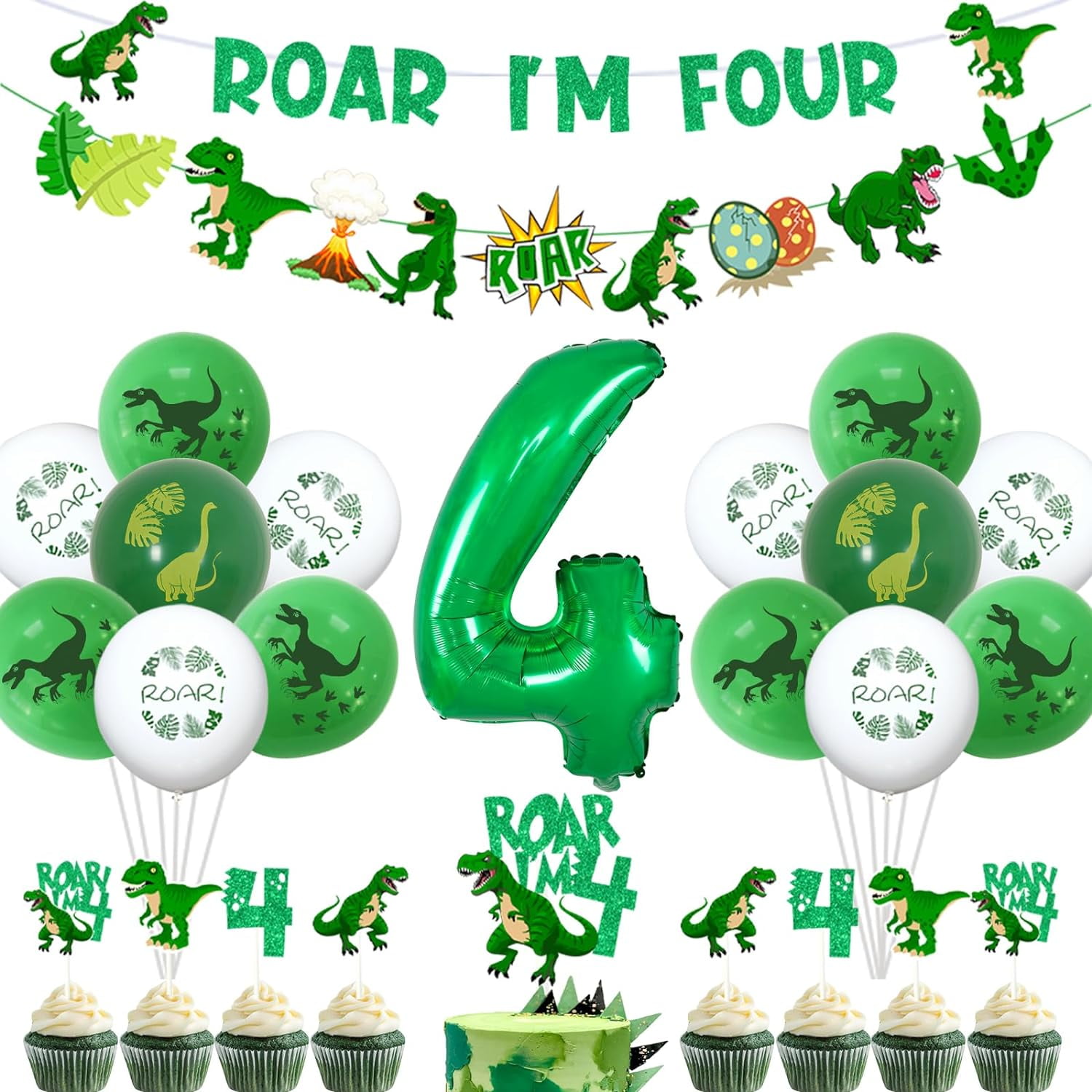 Dinosaur 4th Birthday Decorations Boy, Roar I’m 4 Dinosaur Party ...
