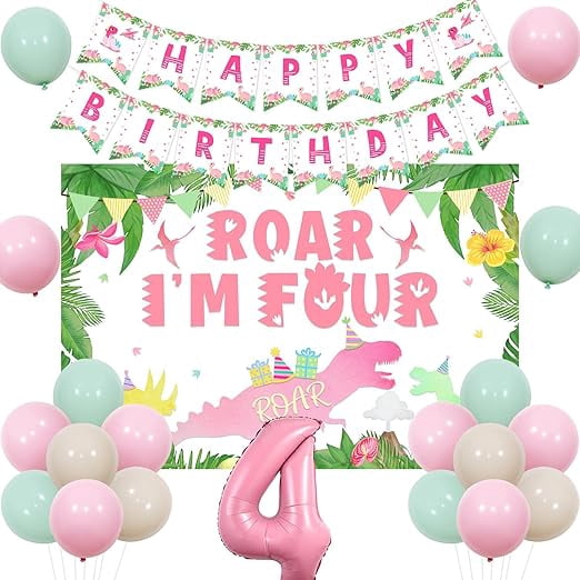 Dinosaur 4th Birthday Decorations for Girls, Roar I'm Four Backdrop ...