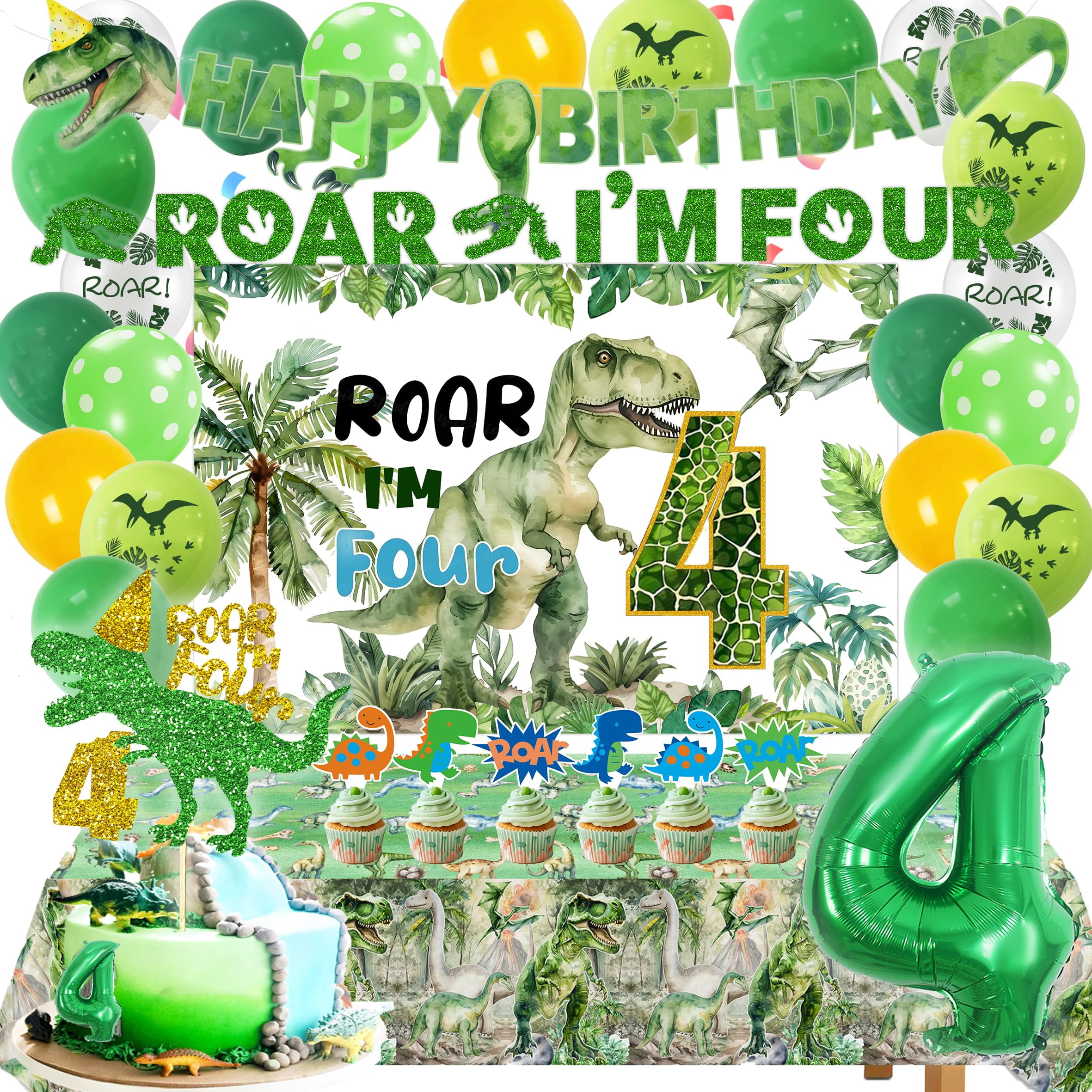 Dinosaur 4th Birthday Party SSF20 Decorations Boy,Roar Im 4 Dinosaur ...