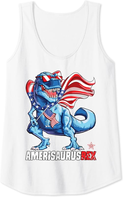 Dinosaur 4th of July Men Amerisaurus T Rex American Flag USA Tank Top ...