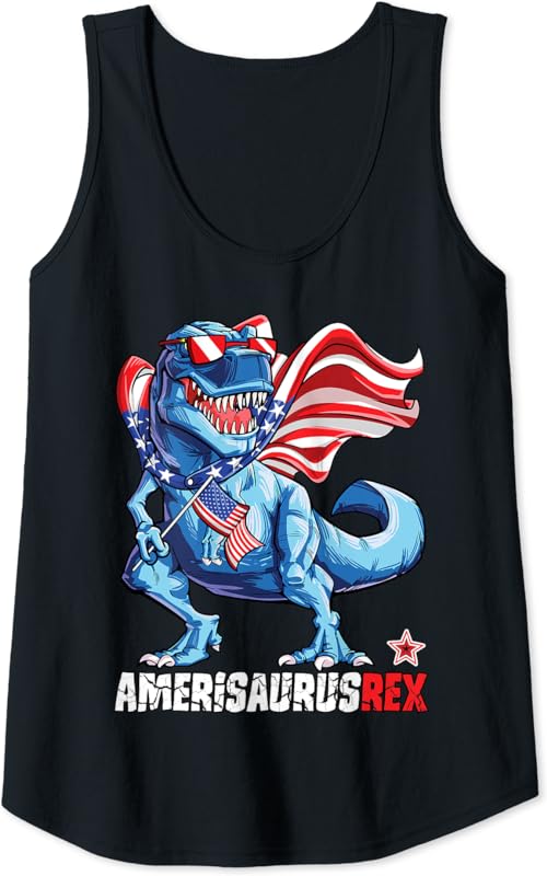 Dinosaur 4th of July Men Amerisaurus T Rex American Flag USA Tank Top ...