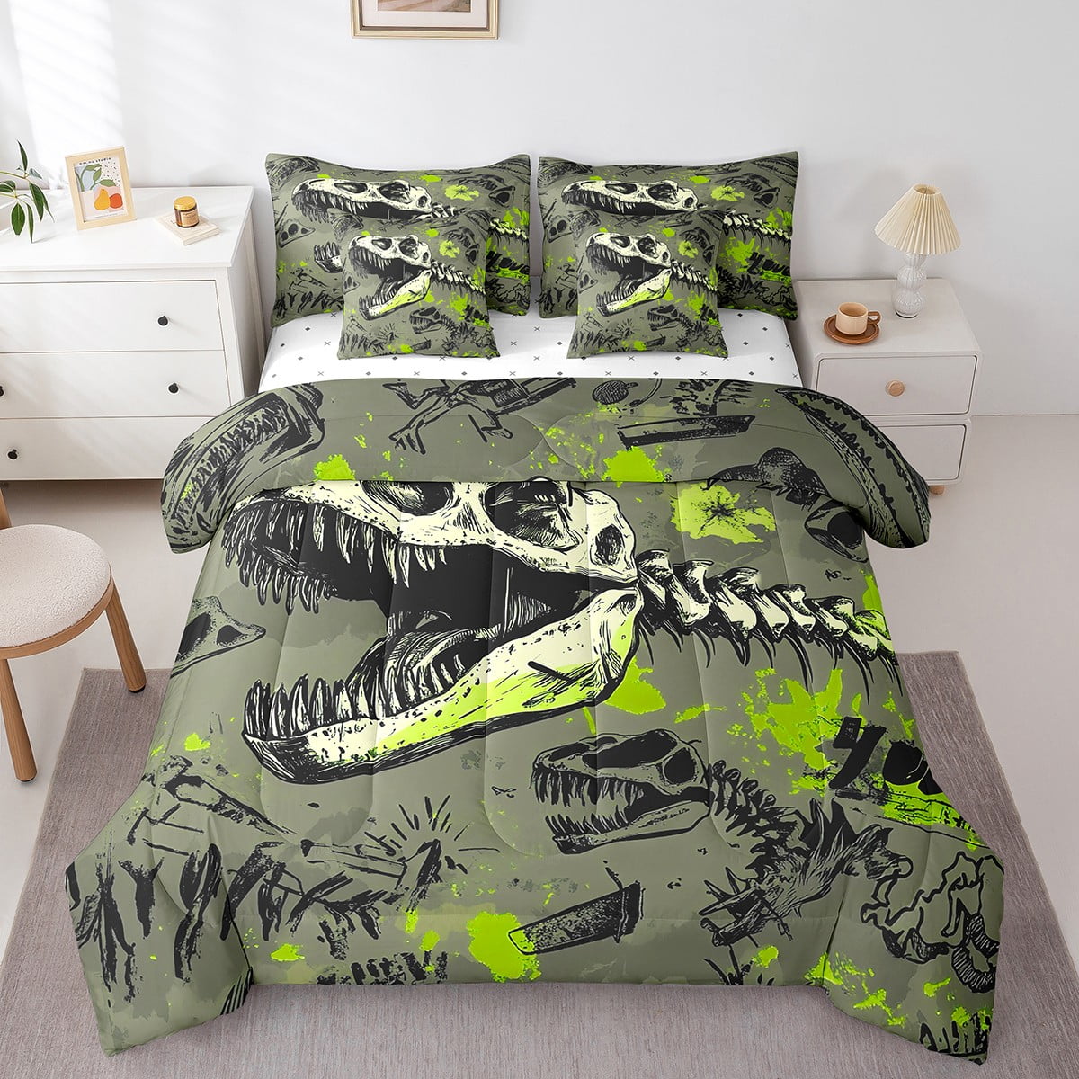 Dinosaur 7 Piece Comforter Set Full Bed in a Bag,Gothic Dino Skull Sheet Set with Comforter ...