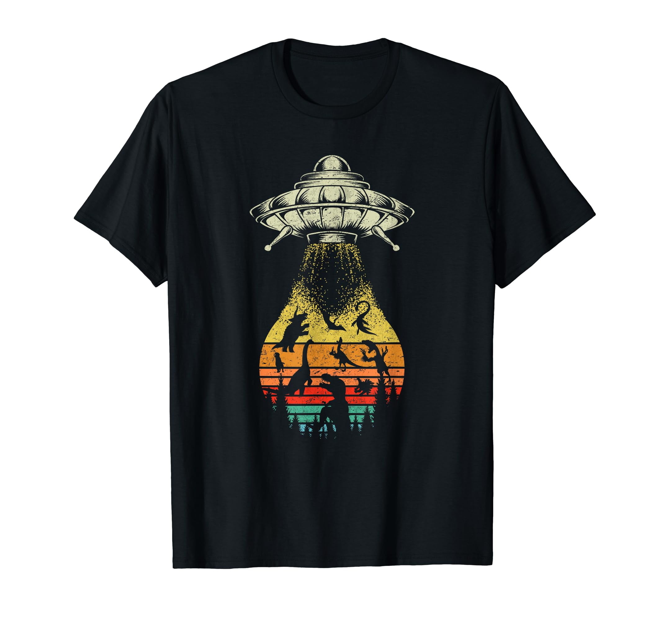 Dinosaur Alien Abduction Retro Sunset Vintage UFO Spaceship T-Shirt ...