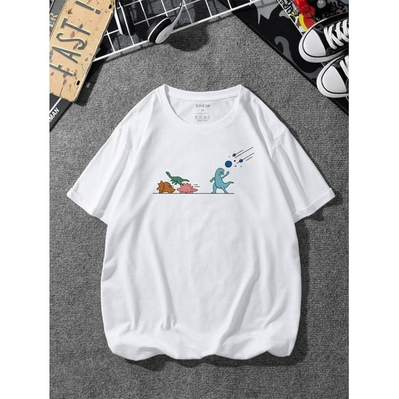 Dinosaur Art Shirt Featuring Playful Dino Characters and Falling Meteor ...