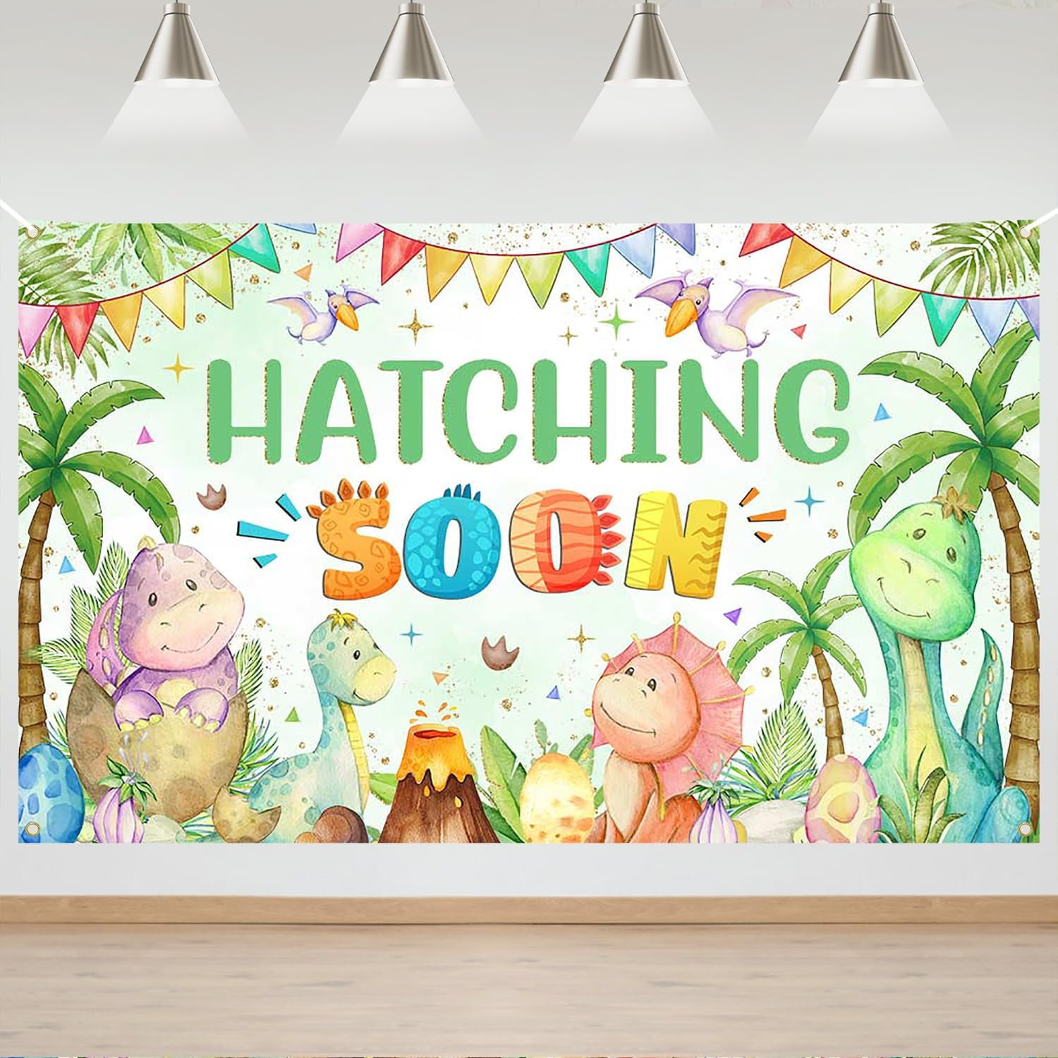 Dinosaur Baby Shower Backdrop Banner Hatching Soon Dinosaur Theme Baby ...